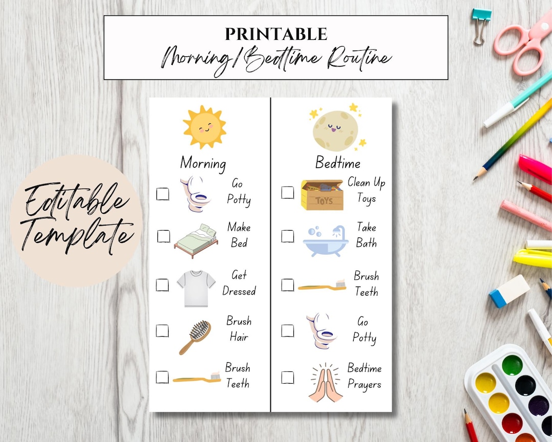 Toddler Morning/bedtime Routine, Editable Template, Bedtime Routine for ...