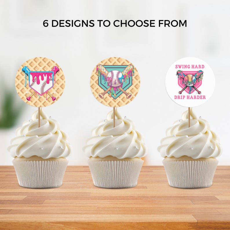 Ice Cream Drip Baseball Birthday Party Decorations, Cupcake Toppers ...
