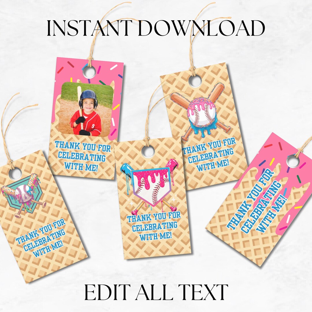 Baseball Drip Birthday Party Thank You Tags, Ice Cream Theme ...