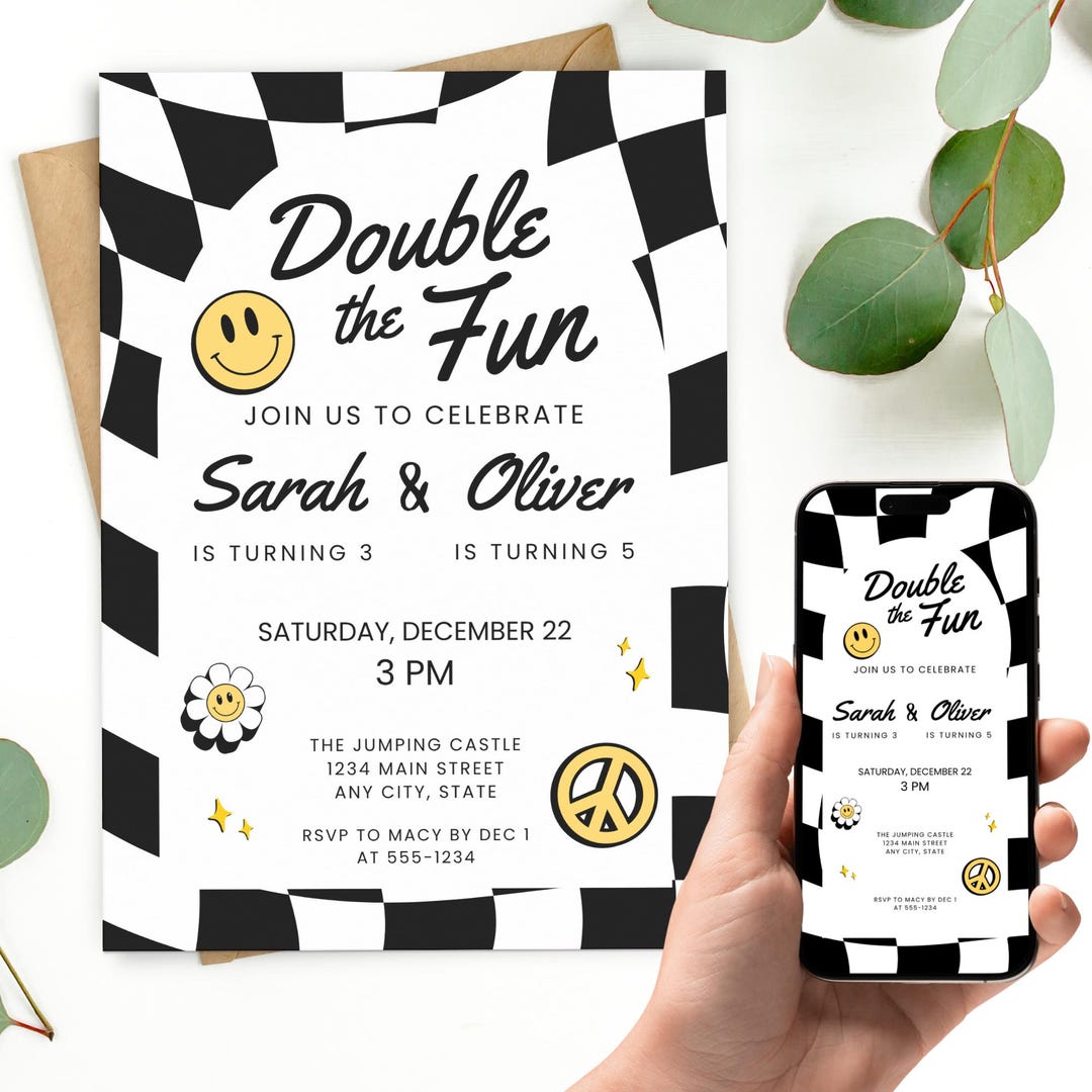Retro Smiley Face Invite, Checkered Double Invitation, Sibling Joint ...