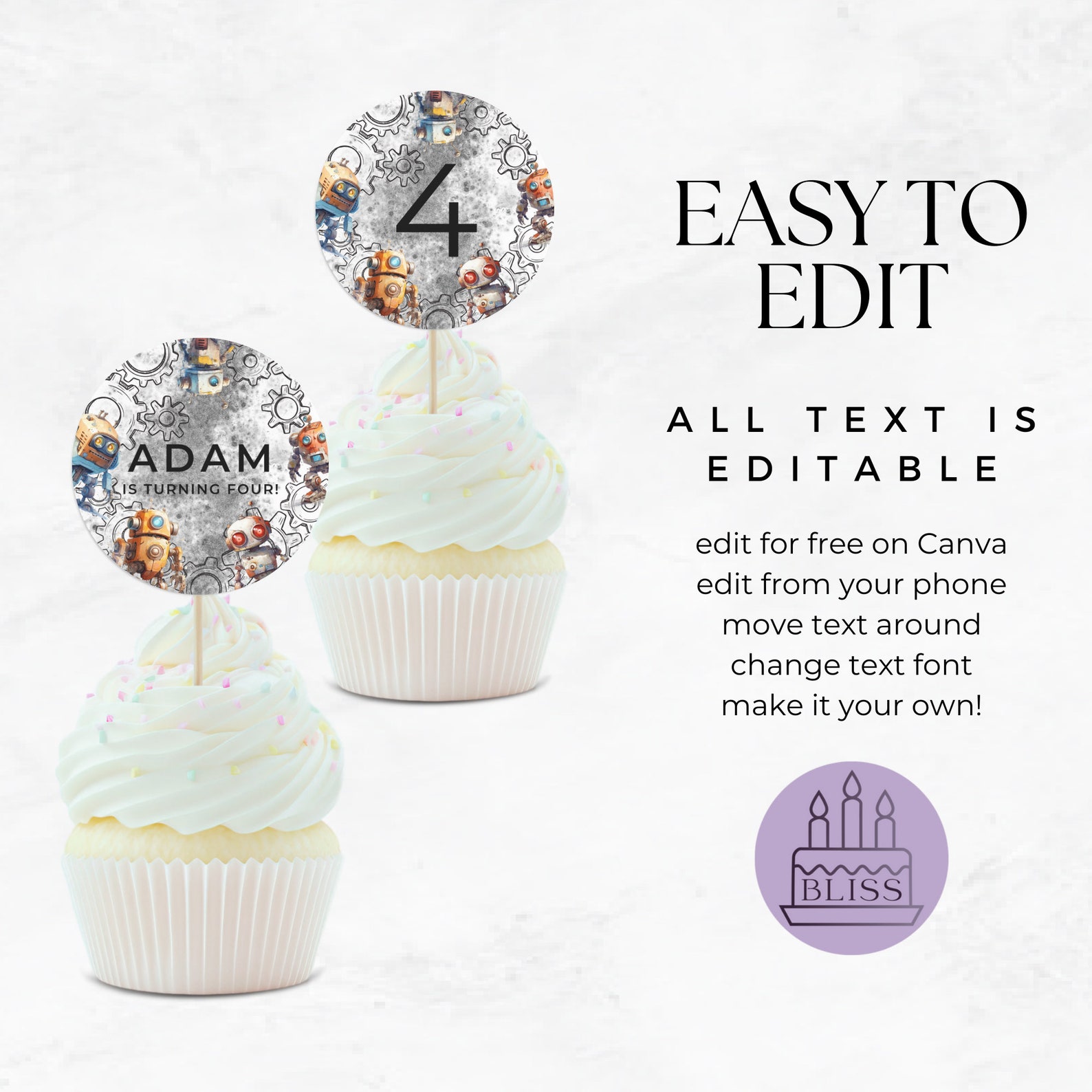Editable Robot Birthday Cupcake Toppers, Kids Boys Bday Party, DIY ...