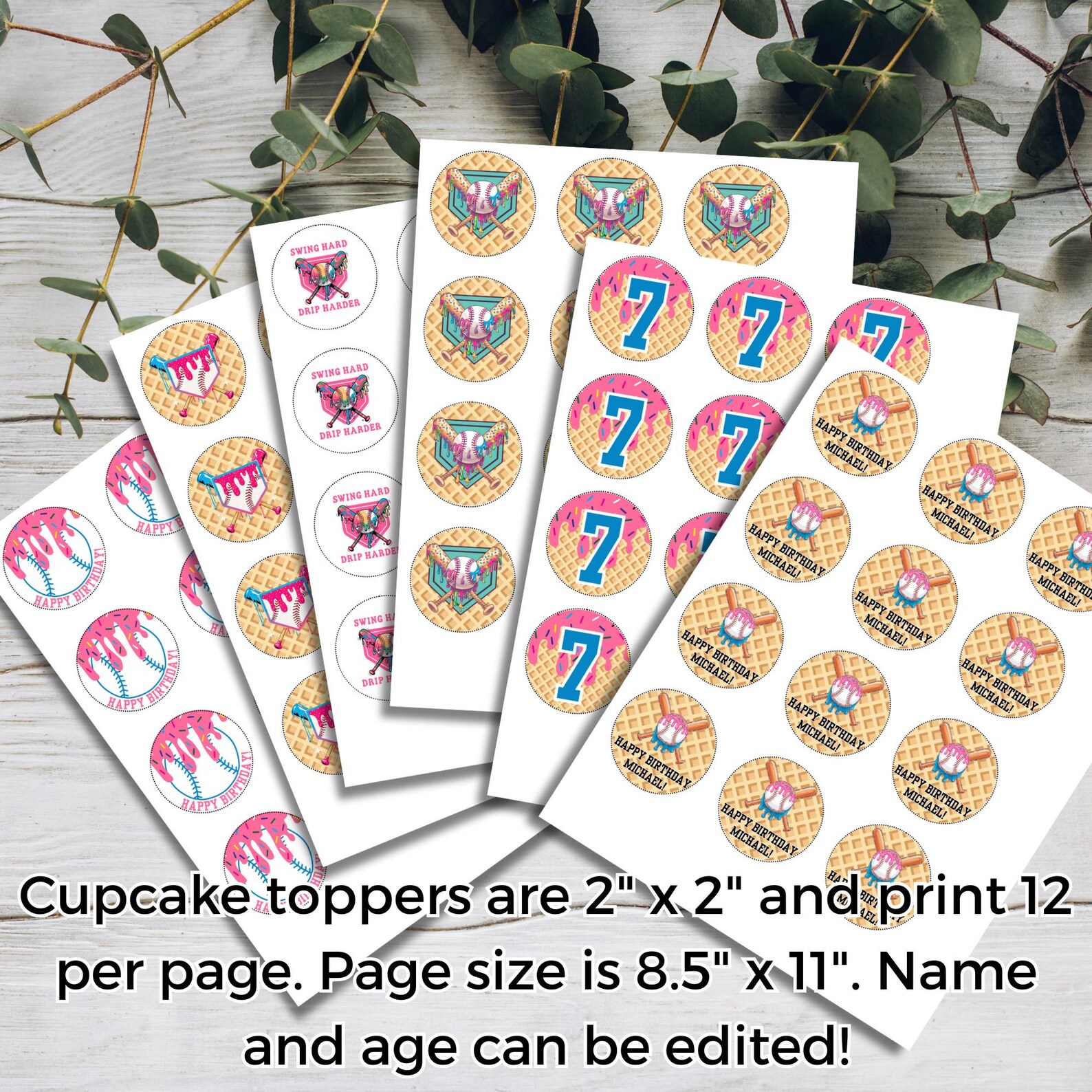 Ice Cream Drip Baseball Birthday Party Decorations, Cupcake Toppers ...