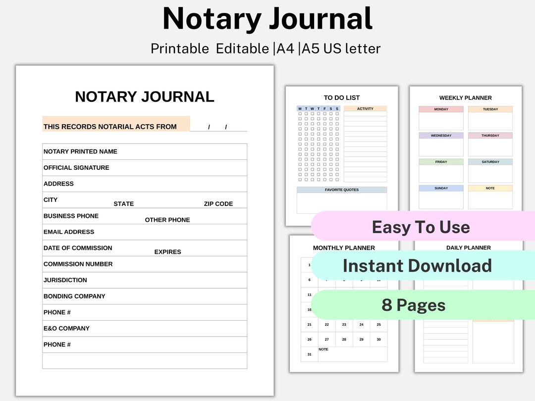 Printable Notary Journal, Notary Log, Notary Book, Notary Public ...