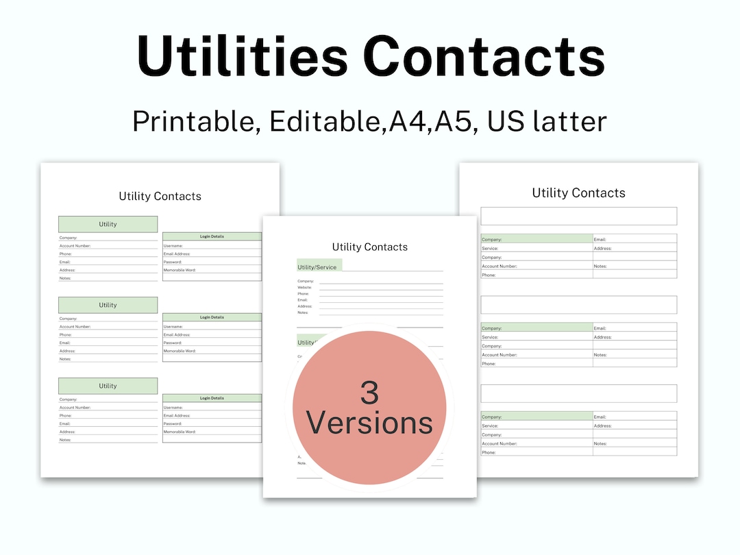 Utility Contacts Template Printable, Utility Service Address Book ...