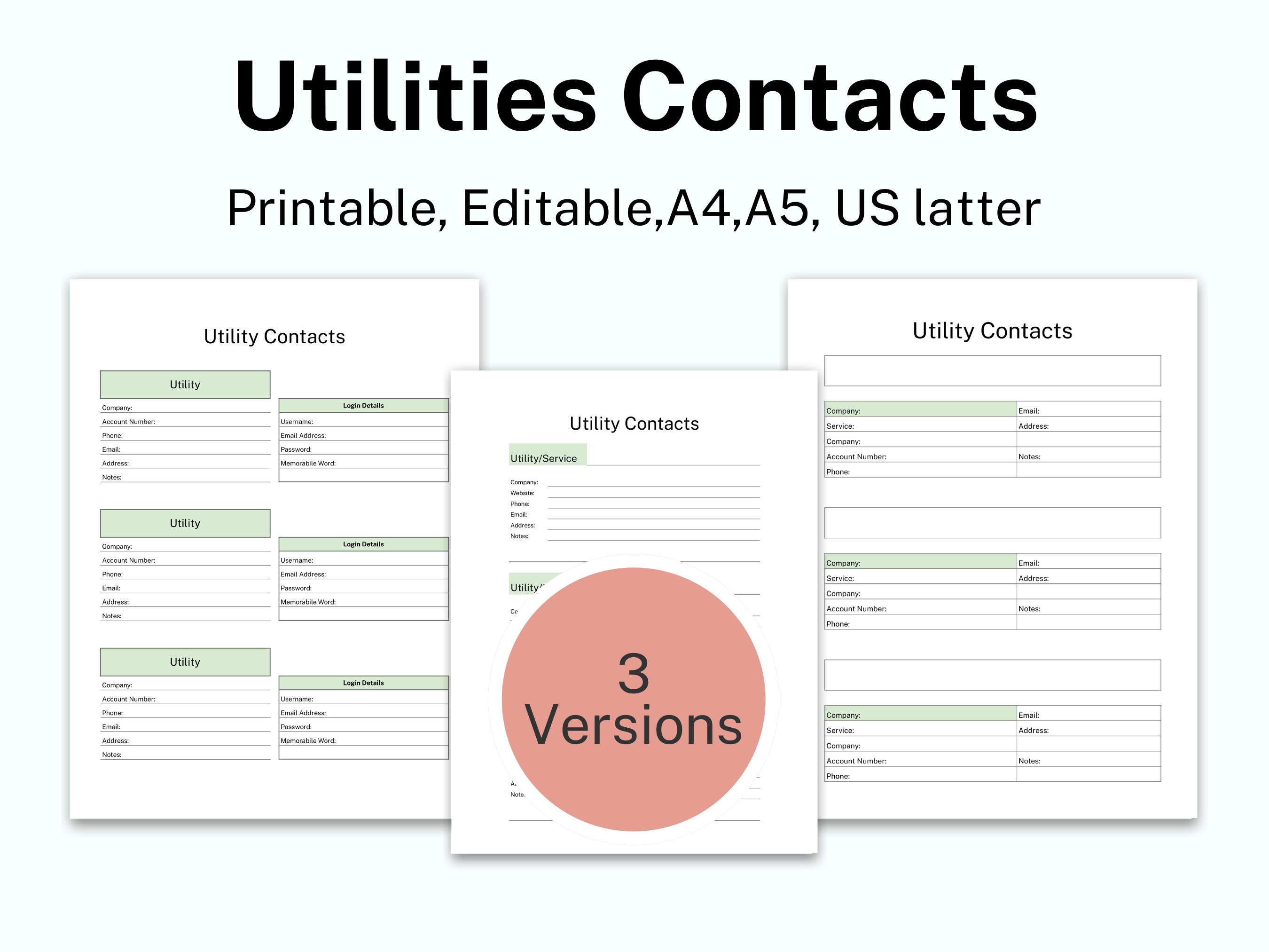 Utility Contacts Template Printable, Utility Service Address Book ...
