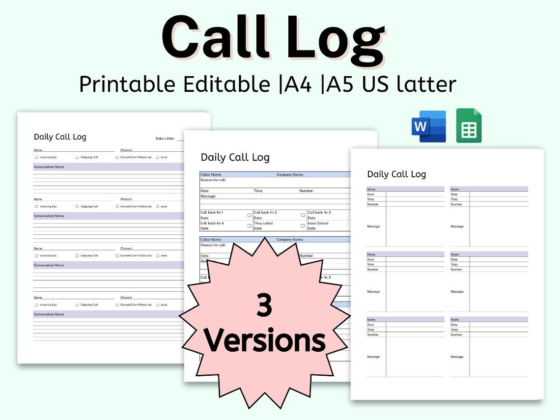 Printable Daily Call Log, Communication Log, Call Back Tracker, Missed ...