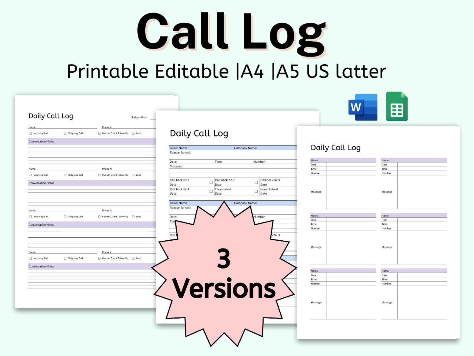 Printable Daily Call Log, Communication Log, Call Back Tracker, Missed ...