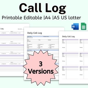Printable Daily Call Log, Communication Log, Call Back Tracker, Missed ...