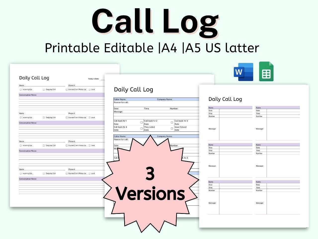 Printable Daily Call Log, Communication Log, Call Back Tracker, Missed ...