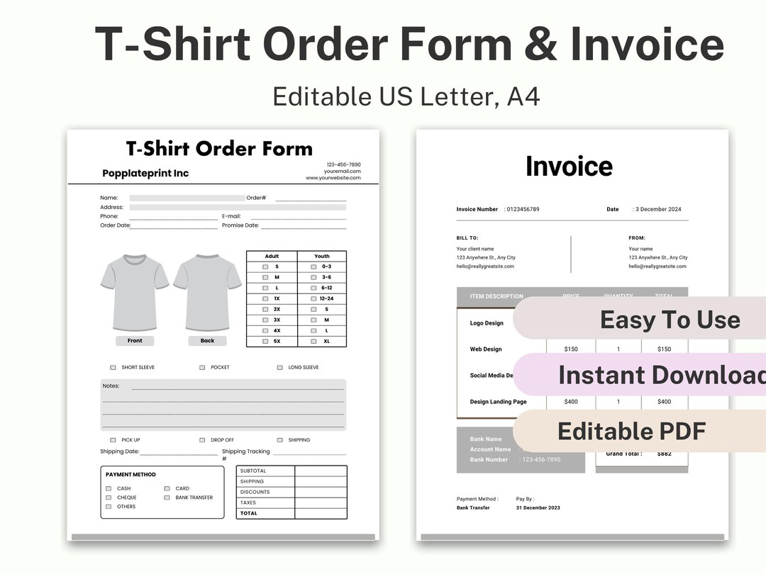 Shirt Order Form & Invoice Template, Clothing Business Bundle, Scan to ...