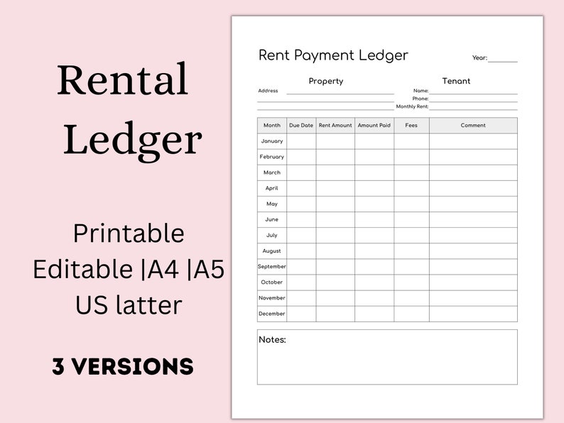Rental Ledger Printable Template, Rent Payment Ledger, Rent Payment ...
