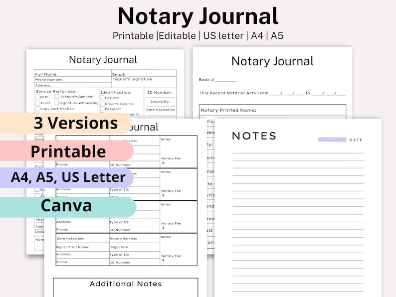 Notary Templates Printable, Notary Record Log Book, Notary Journal ...
