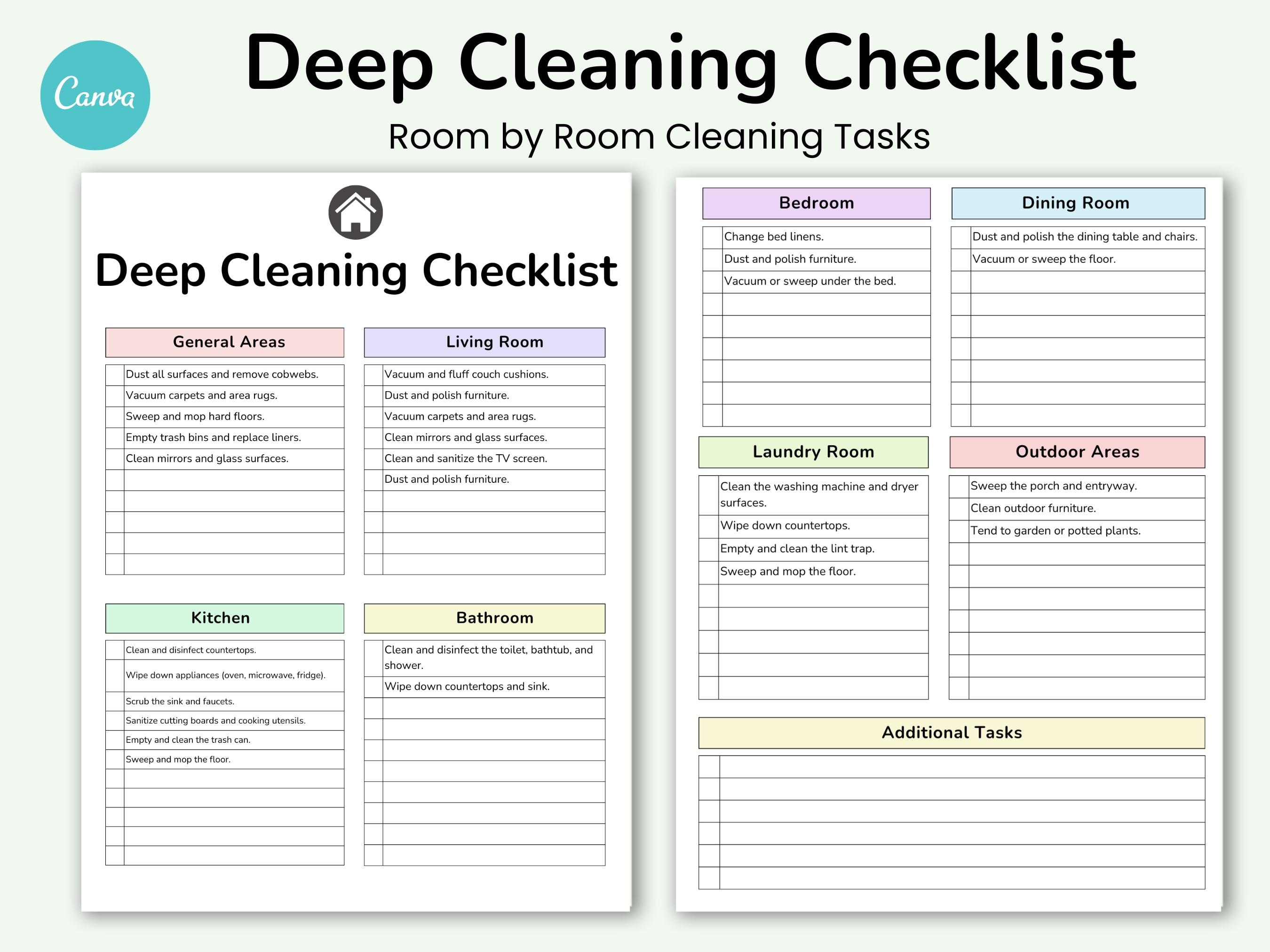 Editable Deep Cleaning Checklist: Room-by-room Printable (PDF, Canva ...