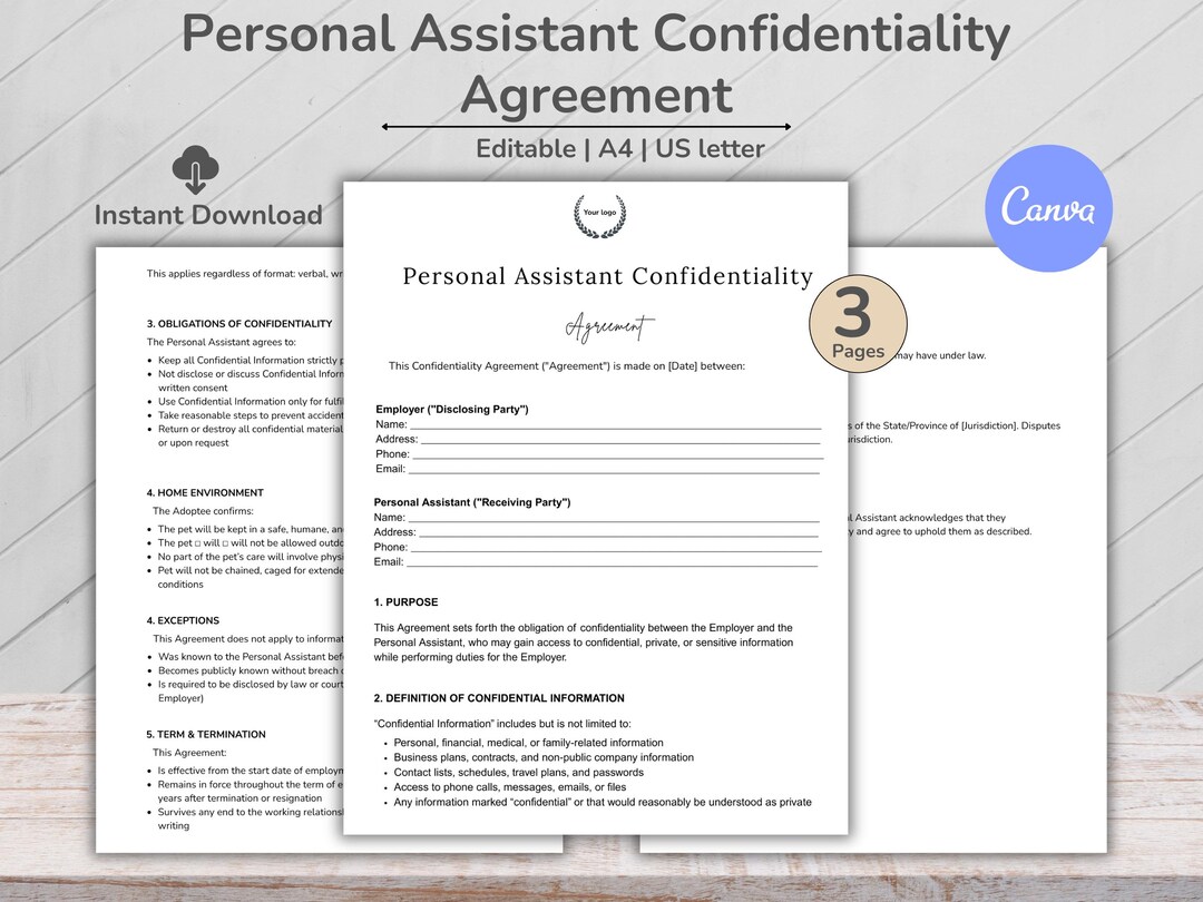 Personal Assistant Contract, Confidentiality Form, Personal Assistant ...