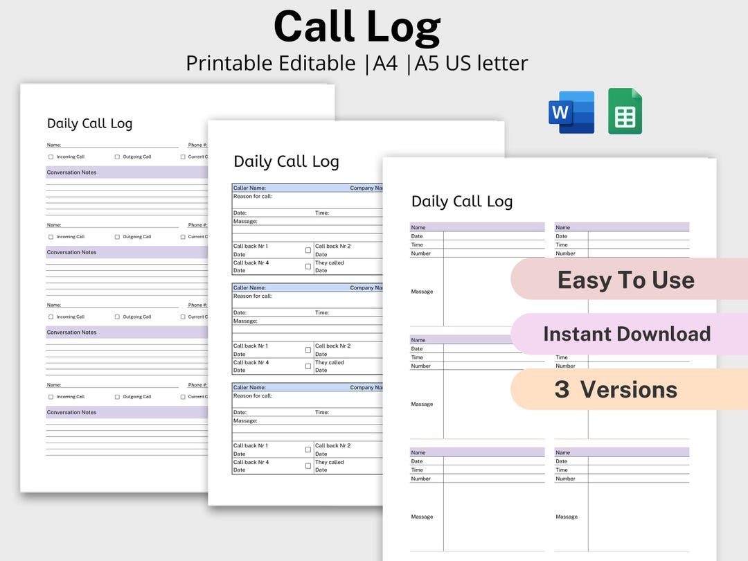 Printable Daily Call Log, Communication Log, Call Back Tracker, Missed ...