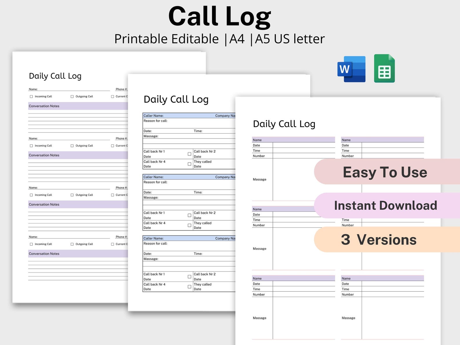 Printable Daily Call Log, Communication Log, Call Back Tracker, Missed ...