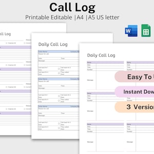 Printable Daily Call Log, Communication Log, Call Back Tracker, Missed ...
