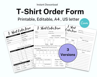 Editable T-shirt Order Form Template, Printable Small Business Order Form, Custom T Shirt Order ...
