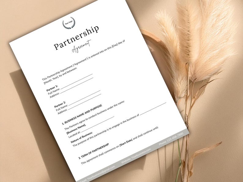 Editable Partnership Agreement Template, Partnership Contract, Business ...