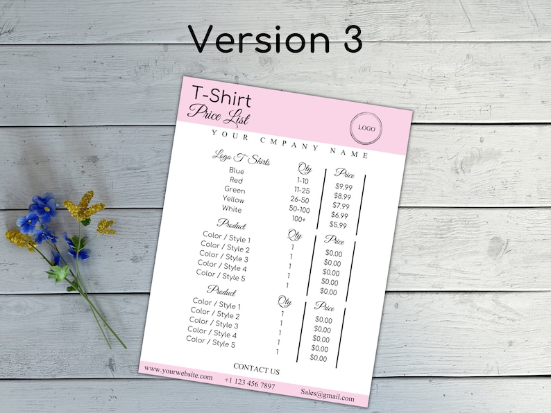 Editable TSHIRT Price List Template, Shirt Order Form, Printable Price ...