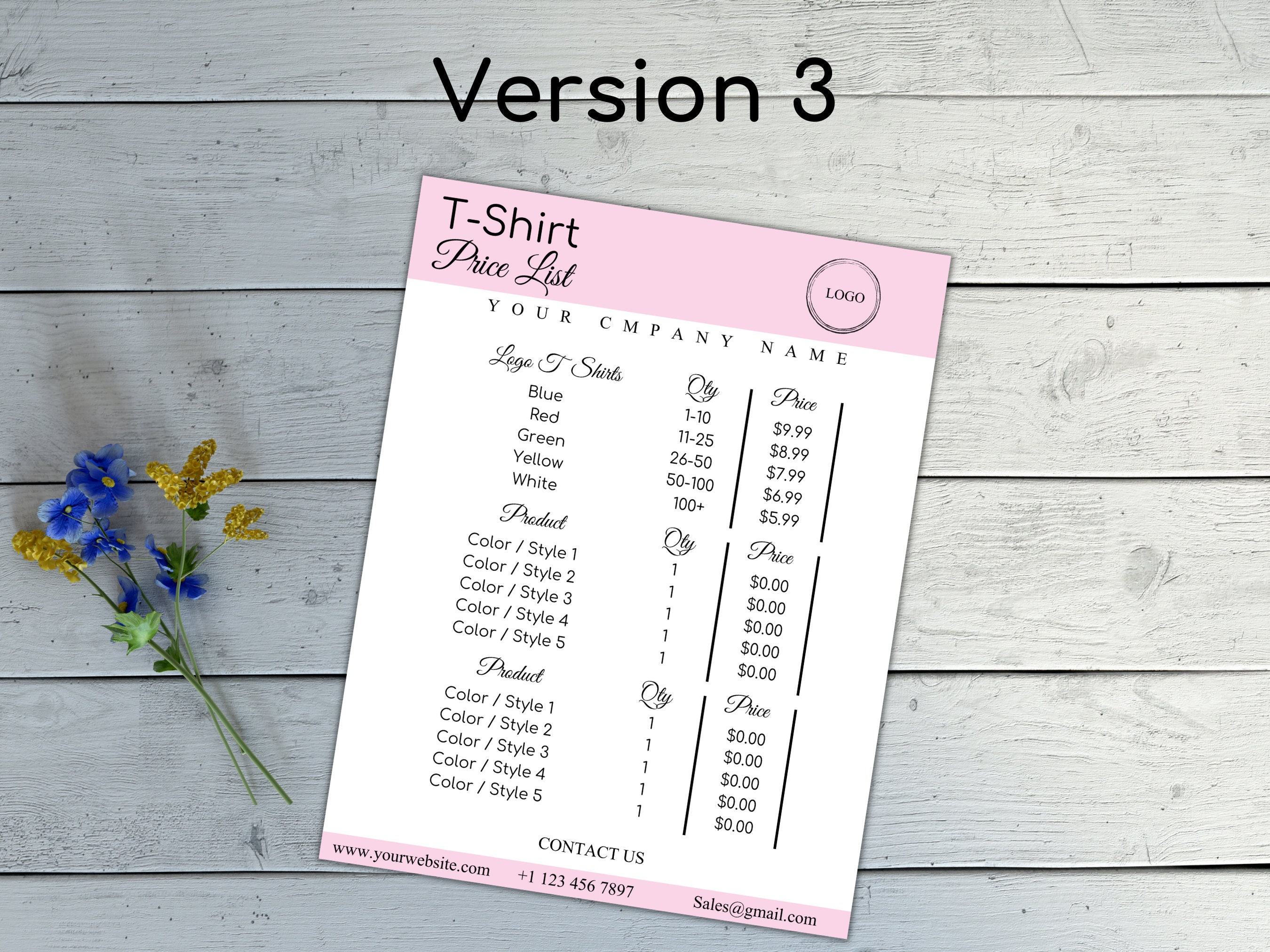 TSHIRT Price List Template, Price List, Shirt Order Form, Price Chart ...