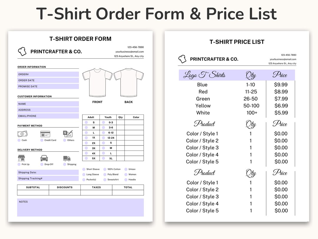 T SHIRT Price List & Order Form Shirt Order Form Tshirt Order Form ...