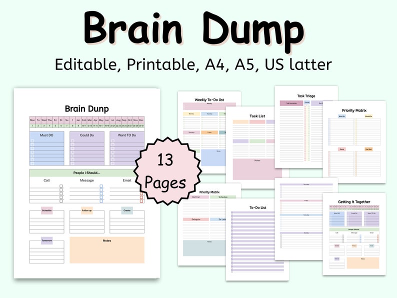 PRINTABLE Brain Dump Template, Thoughts Organizer, Brain Dump Journal ...
