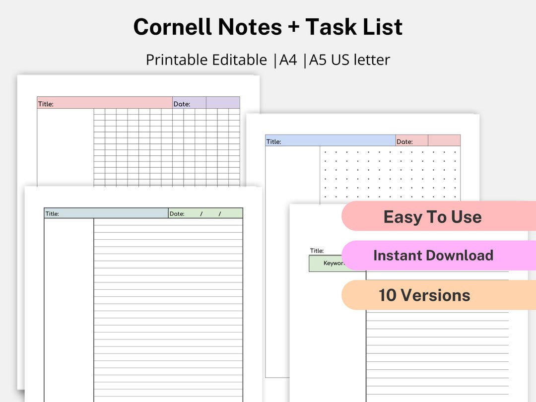 Cornell Notes Printable Bundle Pack, Cornell Notes Method, Student Note ...