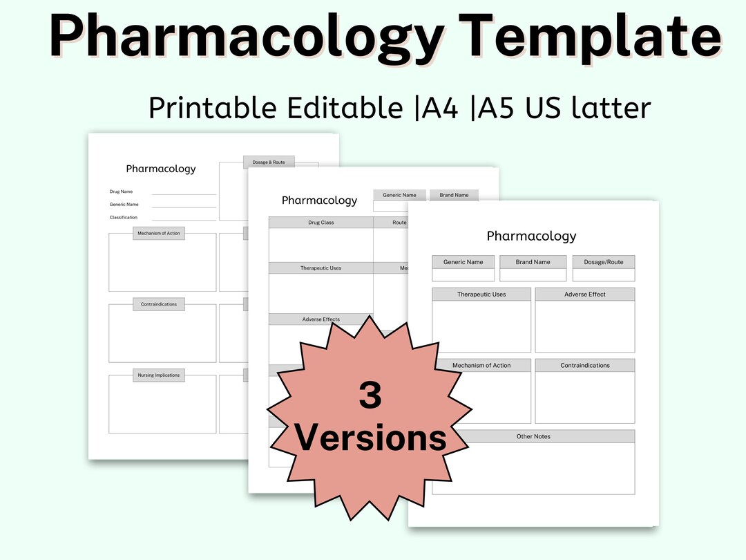 Printable Pharmacology Template for Nursing Student, Pharmacology ...