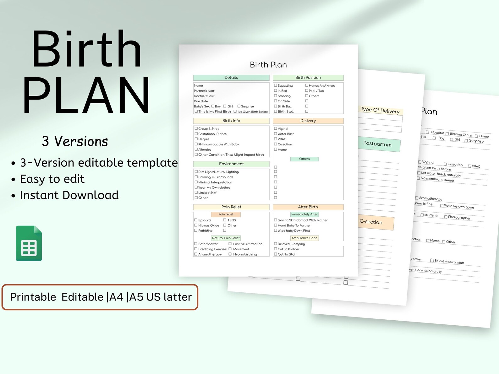 Birth Plan Template Editable, Birthing Preferences, Visual Birth Plan ...