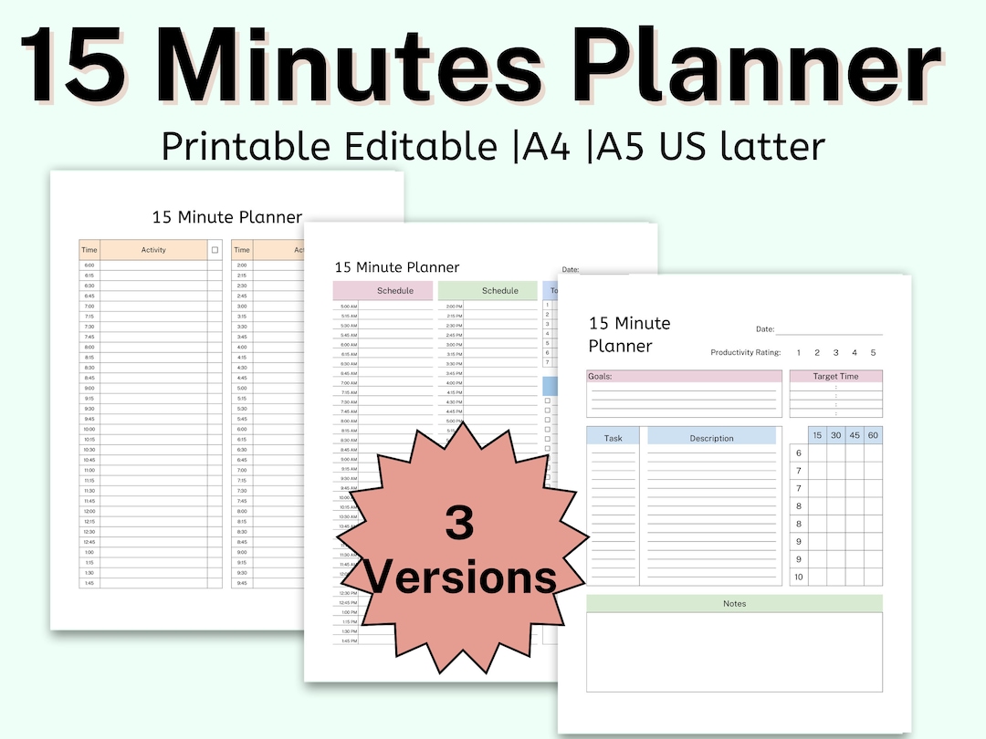 15 Minute Planner, Daily Time Block, Printable Appointment Sheet, 7 Day ...
