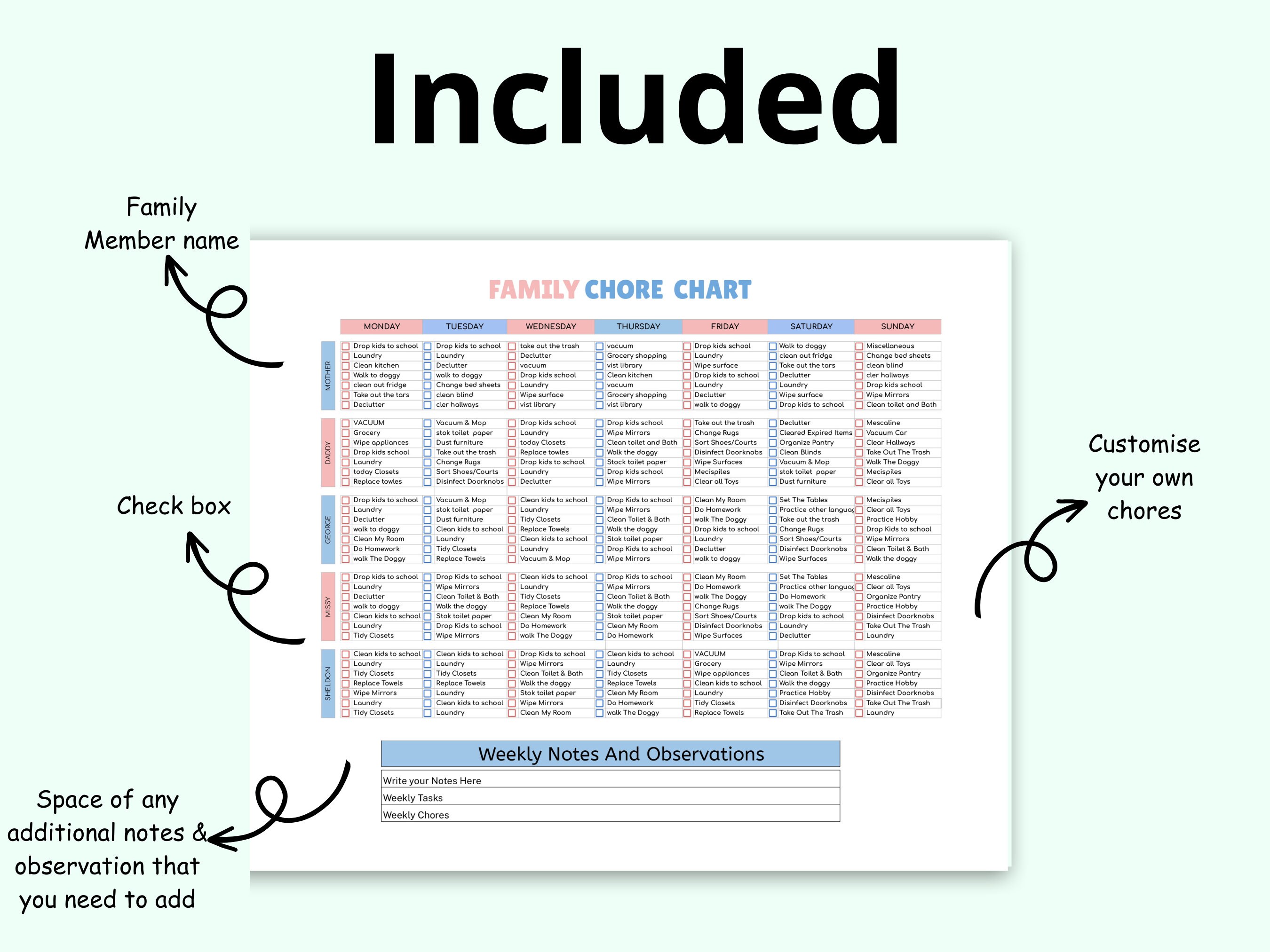 Family Chore Chart Printable Template, Cleaning Schedule Planner ...
