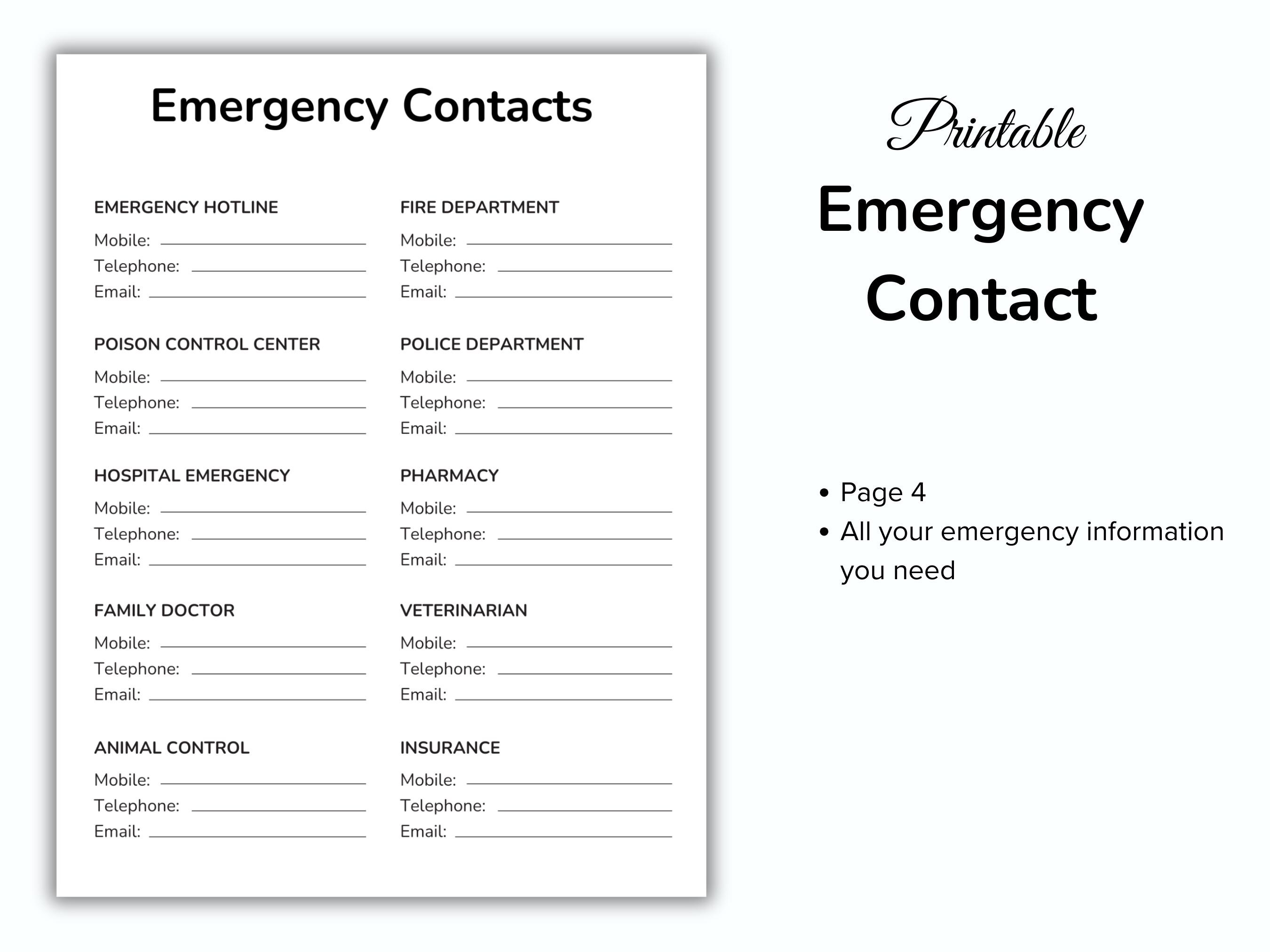 Emergency Information Sheet, Emergency Binder, Child Information ...
