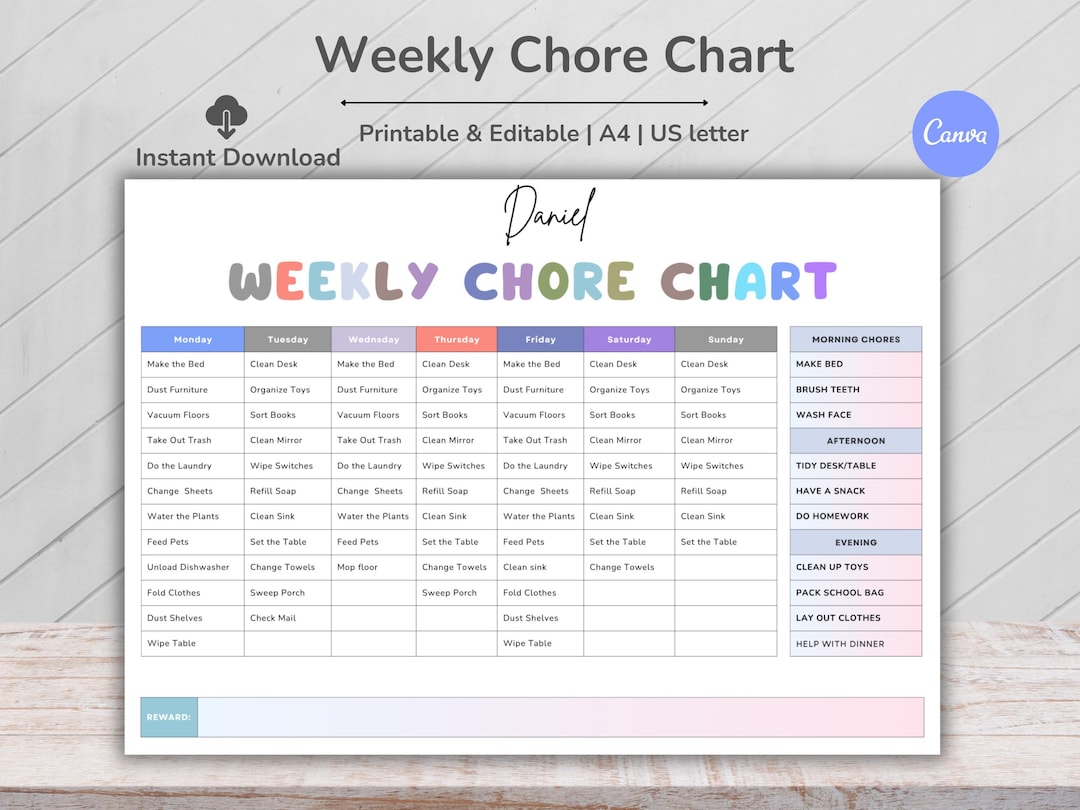 Editable Weekly Chore Chart, Kids Weekly Chores, Weekly Routine Chart ...