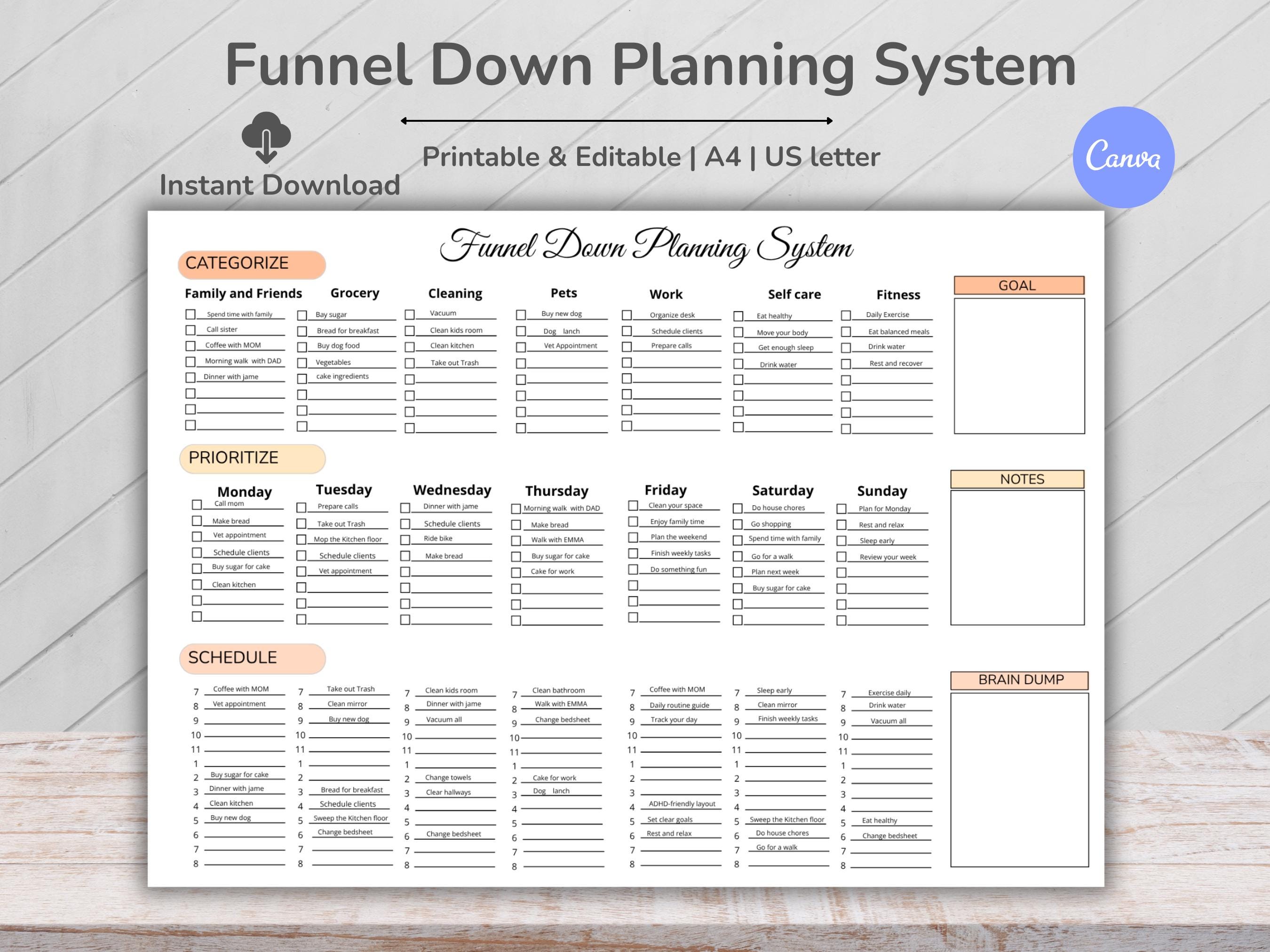 1-2-3 Funnel Down Planning System, Adult Adhd Planner, Time Management ...