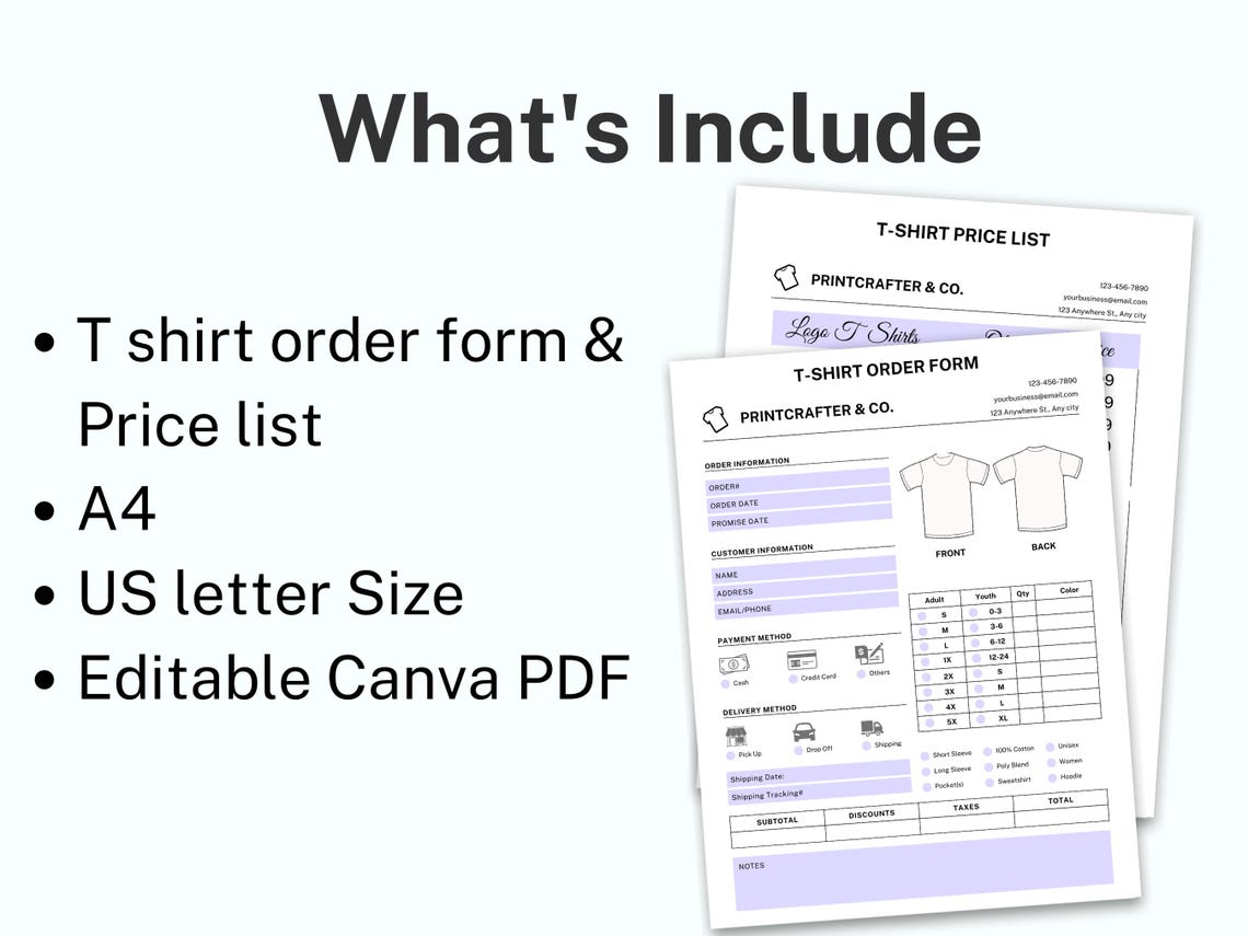 Shirt Order Form & Price List Template, TSHIRT Price List, T-shirt ...