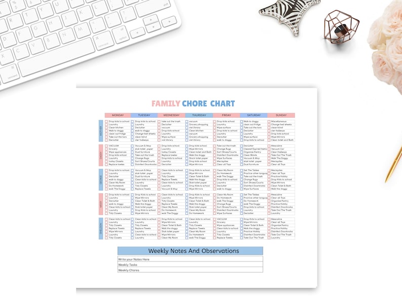 Family Chore Chart Printable Template, Cleaning Schedule Planner ...
