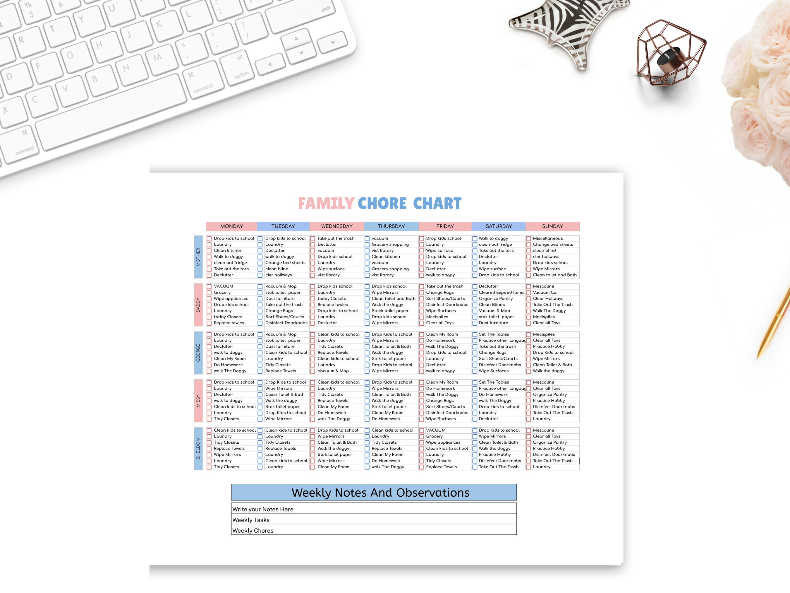 Family Chore Chart Printable Template, Cleaning Schedule Planner ...