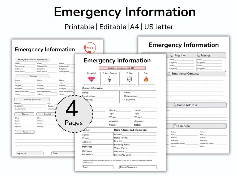 Emergency Information Sheet, Emergency Binder, Child Information ...