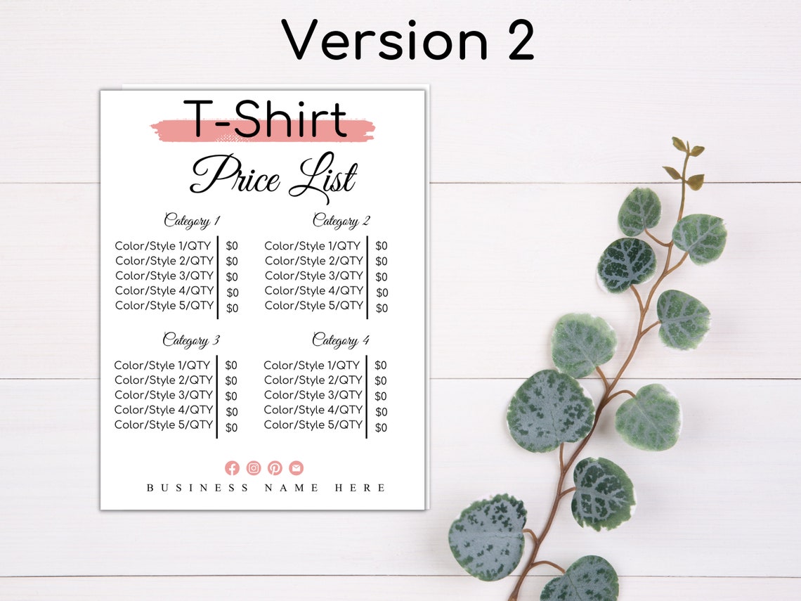 TSHIRT Price List Template, Price List, Shirt Order Form, Price Chart ...