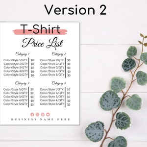 Editable TSHIRT Price List Template, Shirt Order Form, Printable Price ...