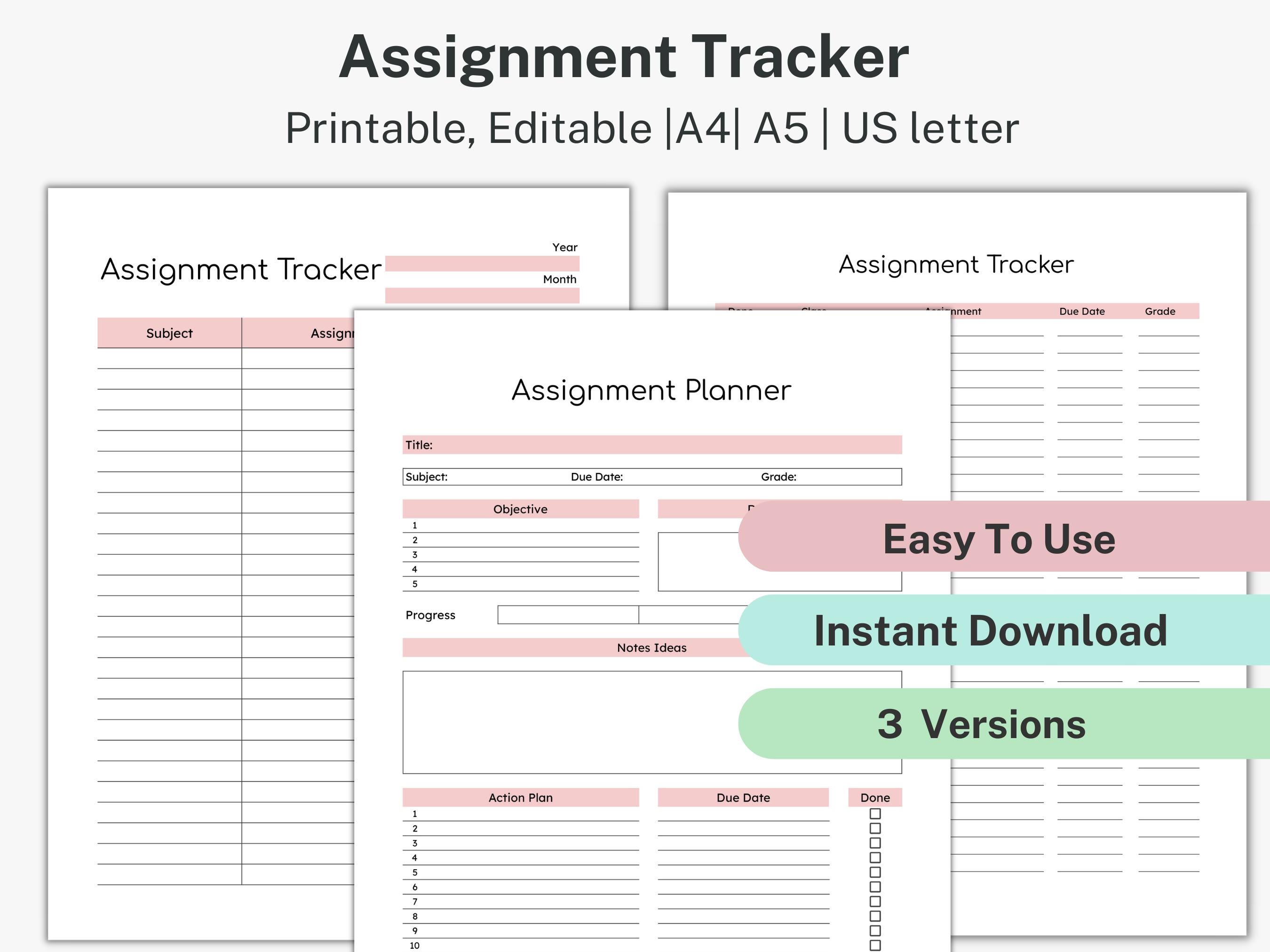 EDITABLE Assignment Tracker, ADHD Student Assignment Planner Printable ...