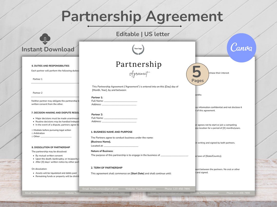 Editable Partnership Agreement Template, Partnership Contract, Business ...