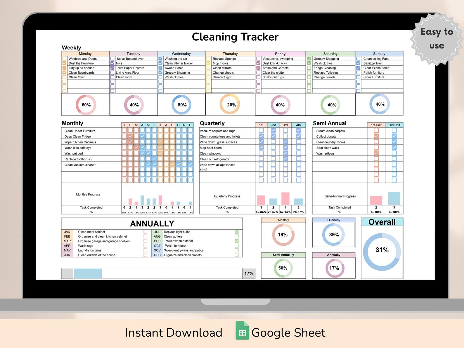 Cleaning Checklist Spreadsheet for Google Sheet, Cleaning Schedule ...