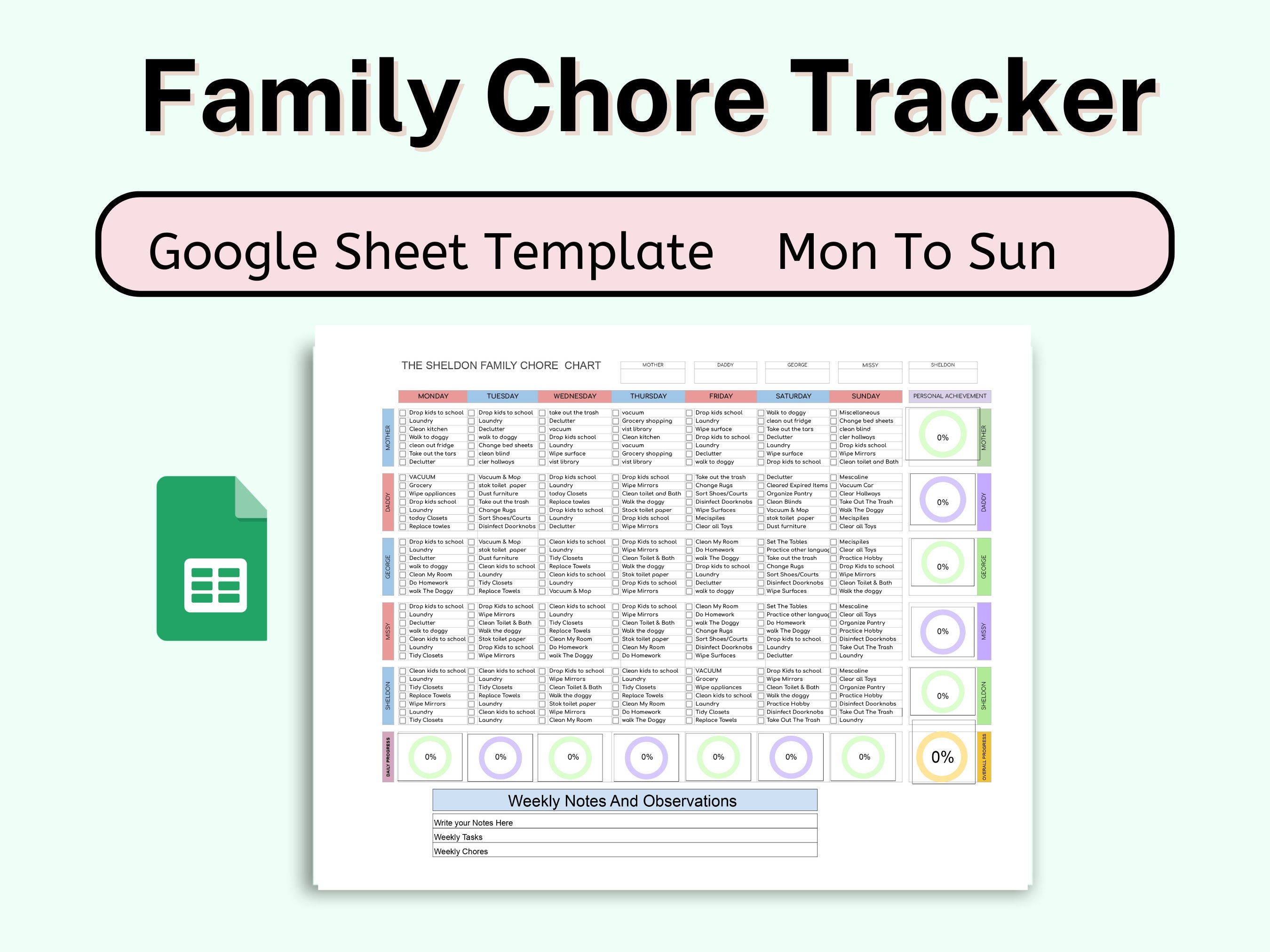 Family Chore Chart Spreadsheet for Google Sheets, Family Chore Tracker ...