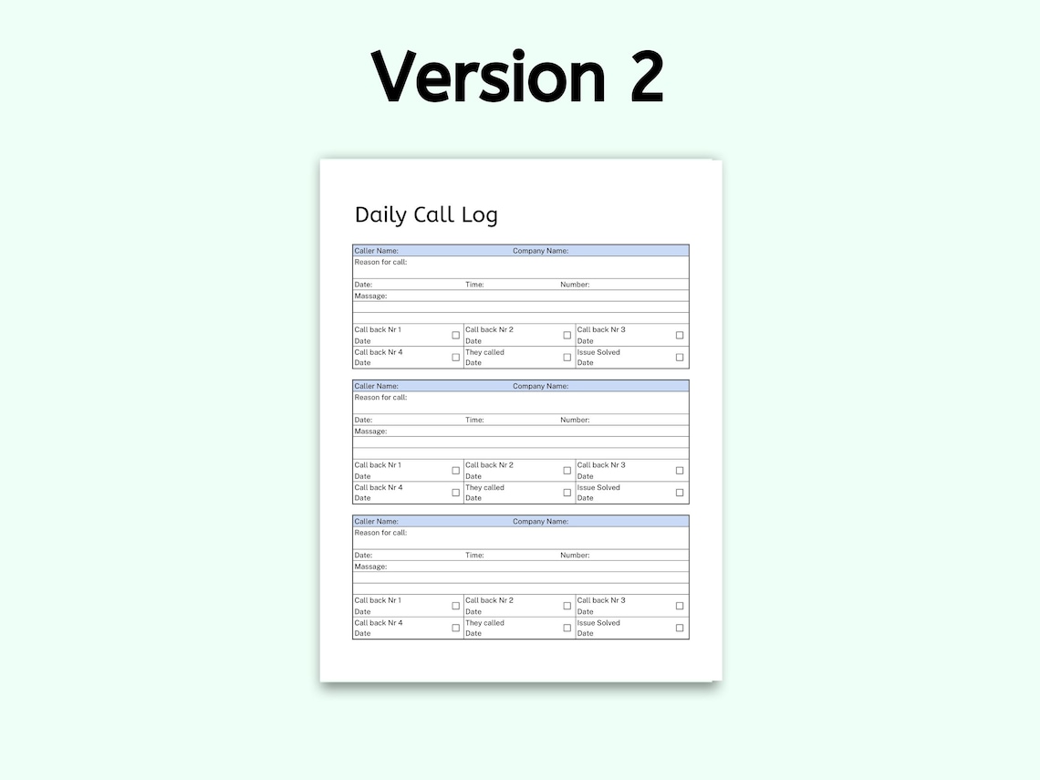 Printable Daily Call Log, Communication Log, Call Back Tracker, Missed ...