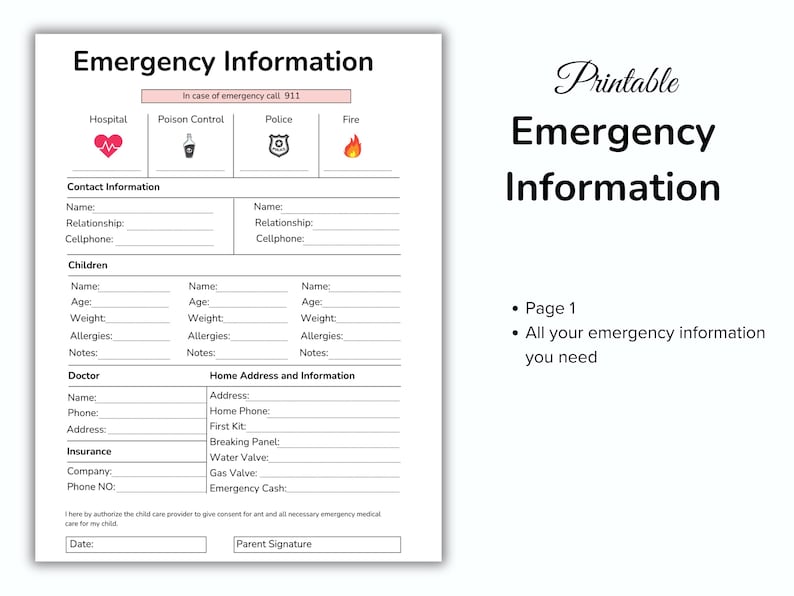 Emergency Information Sheet, Emergency Binder, Child Information ...