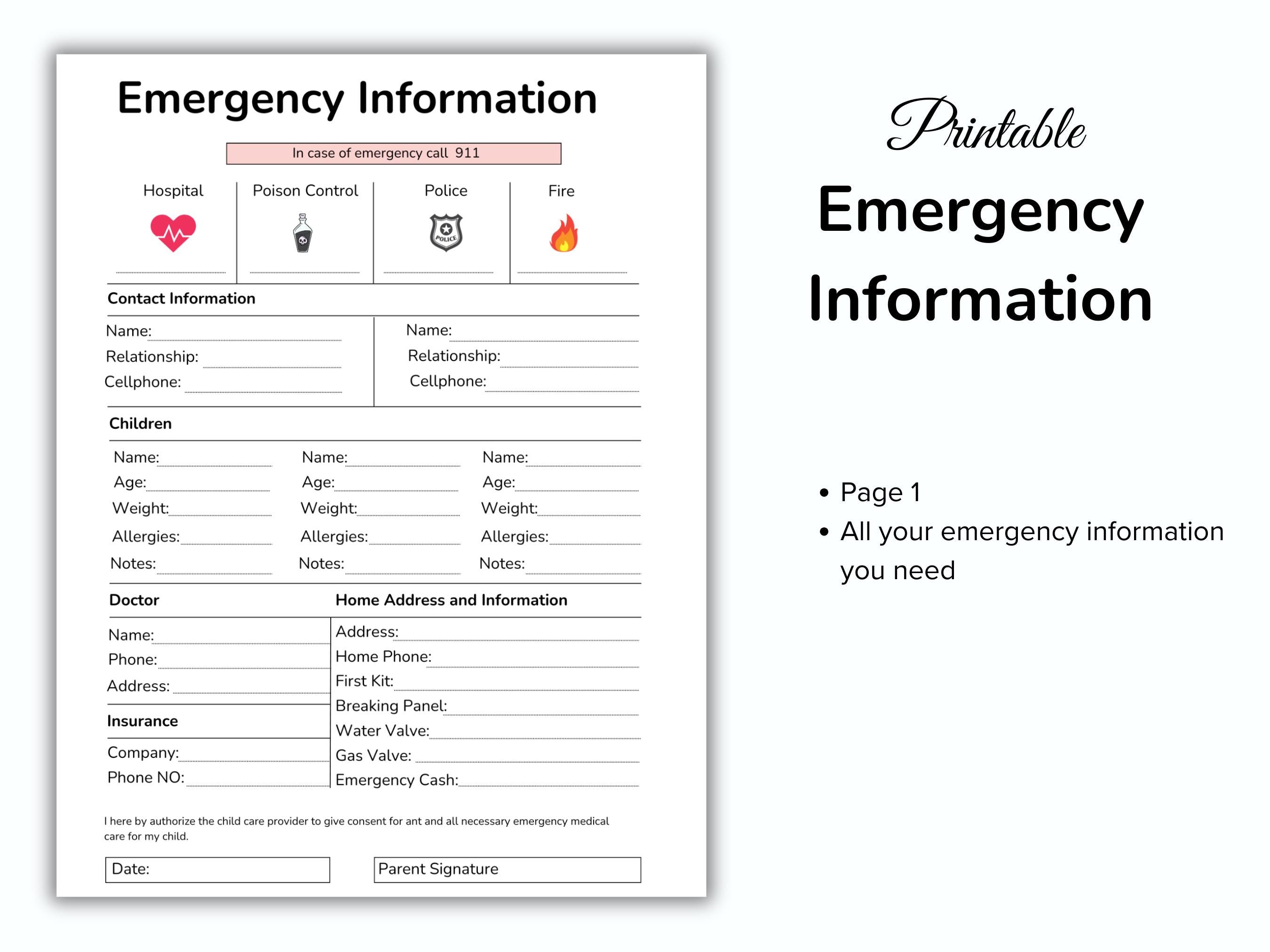 Emergency Information Sheet, Emergency Binder, Child Information ...