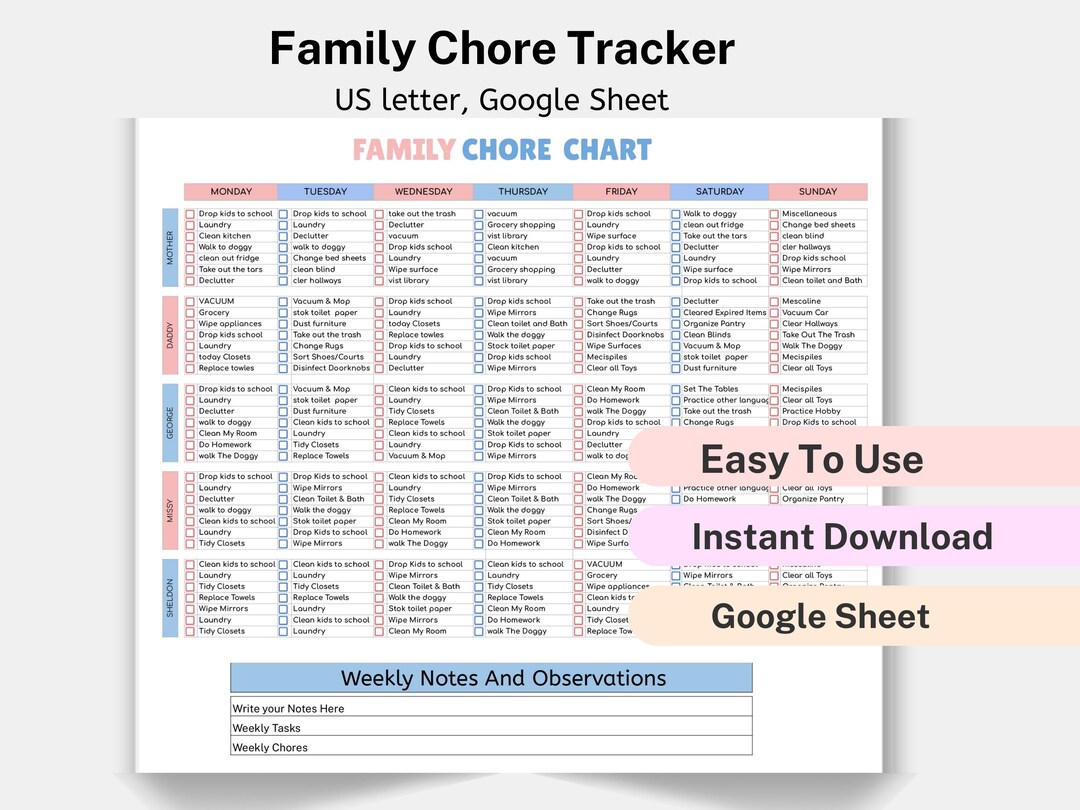 Family Chore Chart Printable Template, Cleaning Schedule Planner ...