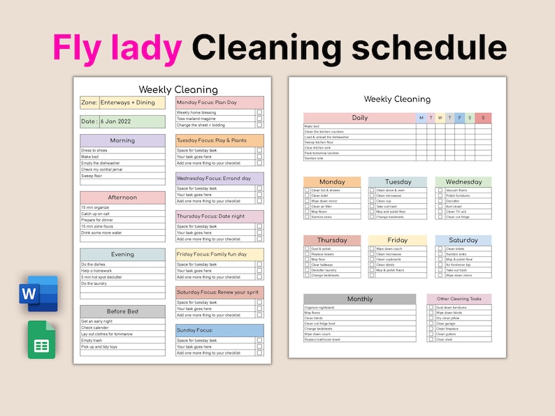 Printable Fly Lady Schedule, Editable Cleaning Schedule, Weekly Monthly ...